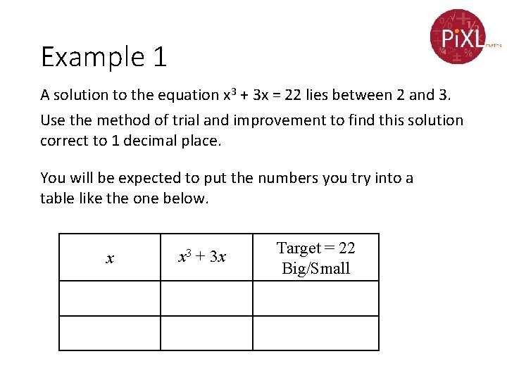 Grade C Trial Improvement Solving cubic equations by