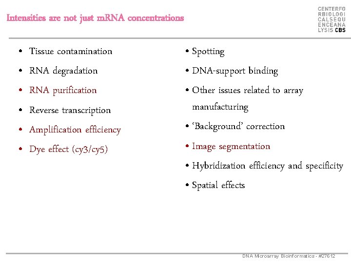 Normalization Getting the numbers comparable DNA Microarray Bioinformatics