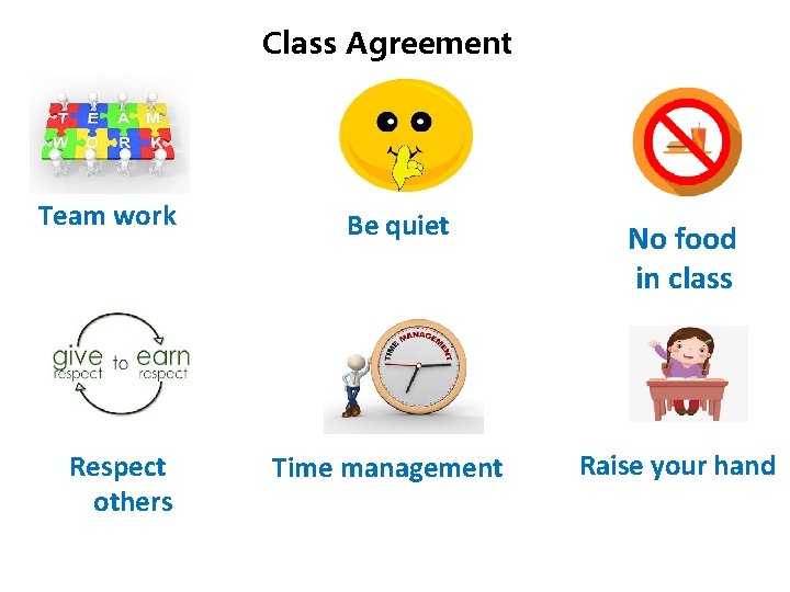 Class Agreement Team work Respect others Be quiet