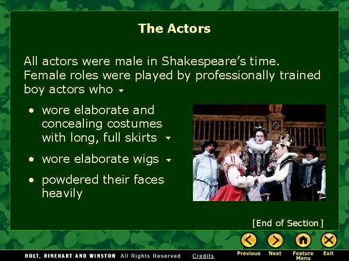 The Elizabethan Stage Feature Menu The Elizabethan Stage