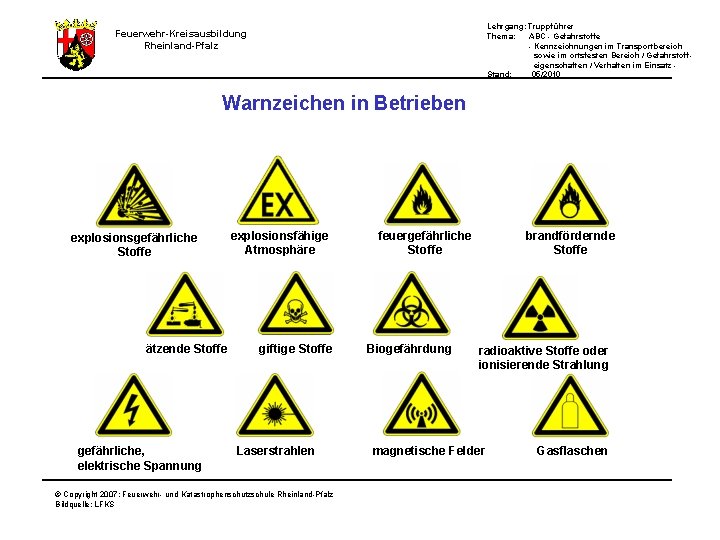 FeuerwehrKreisausbildung RheinlandPfalz Lehrgang Truppfhrer Thema ABC Gefahrstoffe Kennzeichnungen