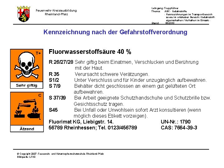 FeuerwehrKreisausbildung RheinlandPfalz Lehrgang Truppfhrer Thema ABC Gefahrstoffe Kennzeichnungen