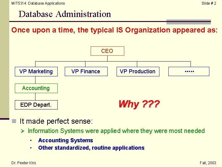 MIT 5314 Database Applications Slide 1 Database Administration