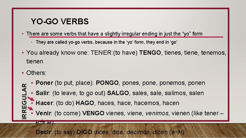 TOPIC YOGO VERBS AND REVIEW OF POSSESSIVES ESSENTIAL