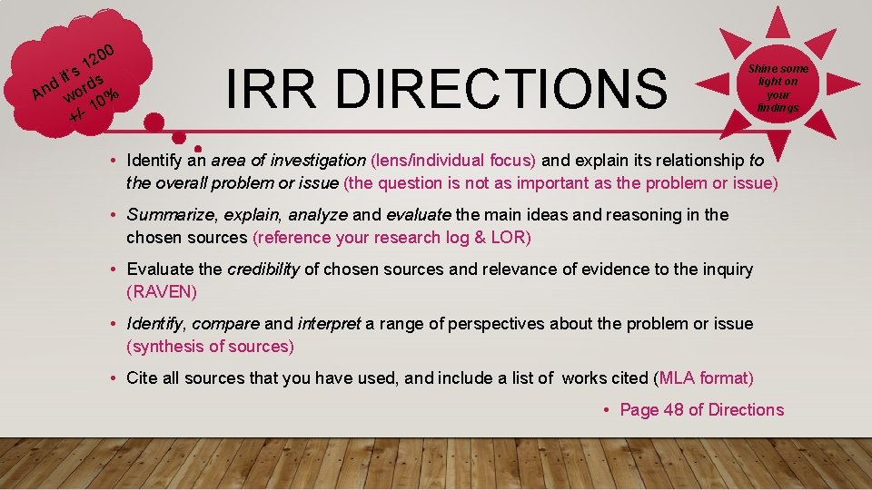 AP SEMINAR IRR DIRECTIONS RUBRIC ANALYSIS WINTERSPRING 2018