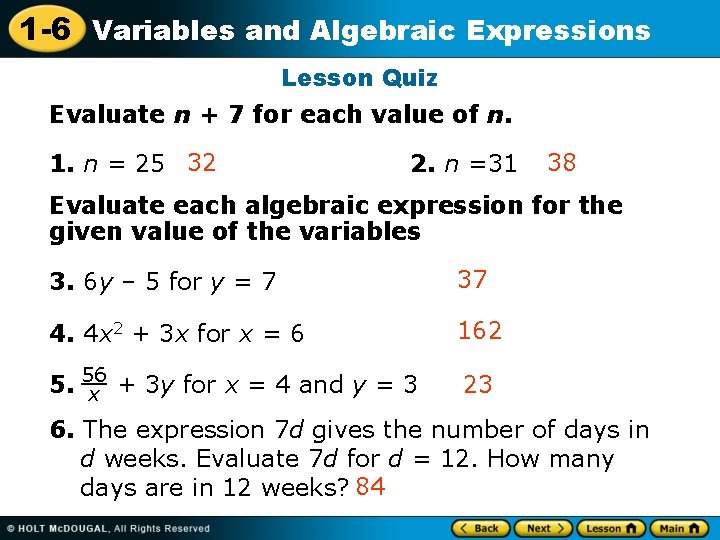 1 6 Variables and Algebraic Expressions Lesson Quizzes