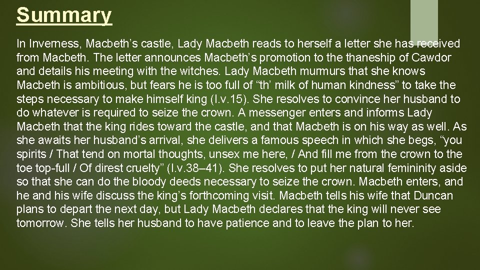 Act 1 Scene 5 Summary In Inverness Macbeths