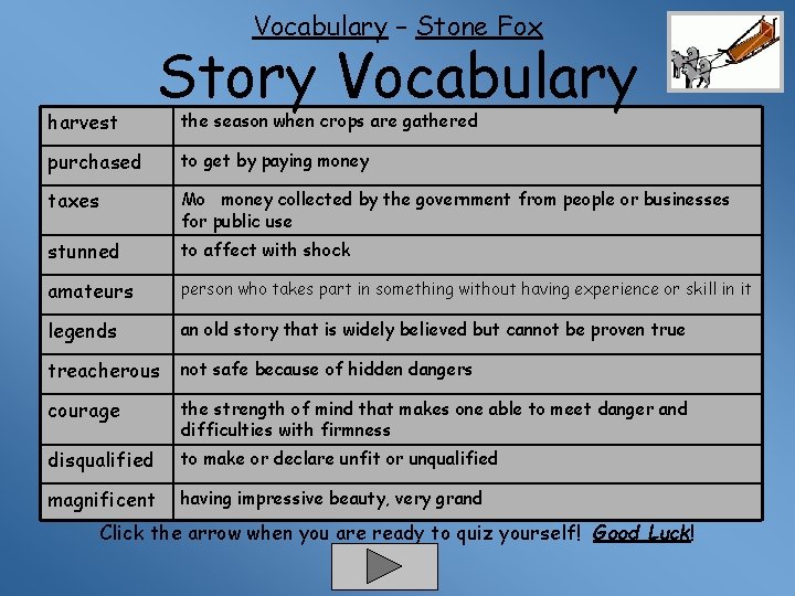 Stone Fox Story Vocabulary Choose a button below