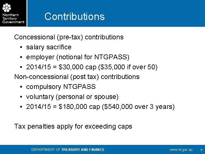 DEPARTMENT OF TREASURY AND FINANCE NTGPASS Member Information