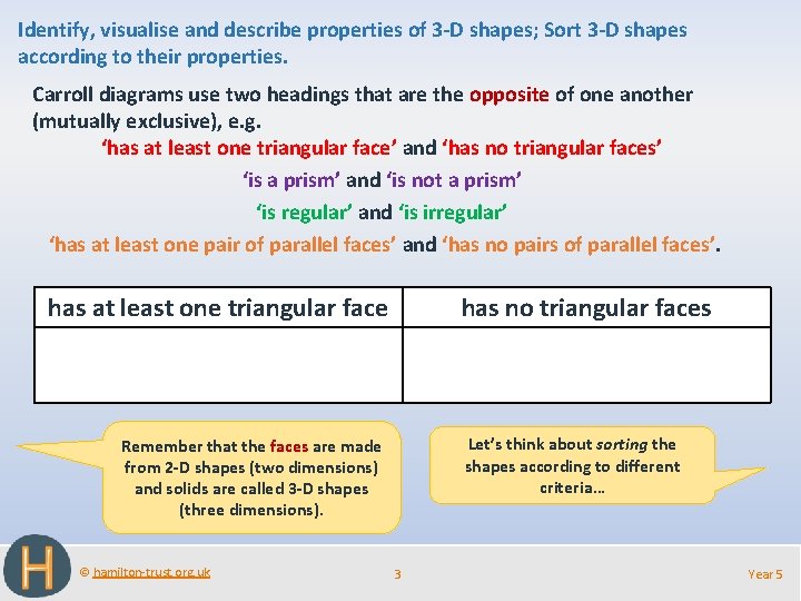 Identify visualise and describe properties of 3 D