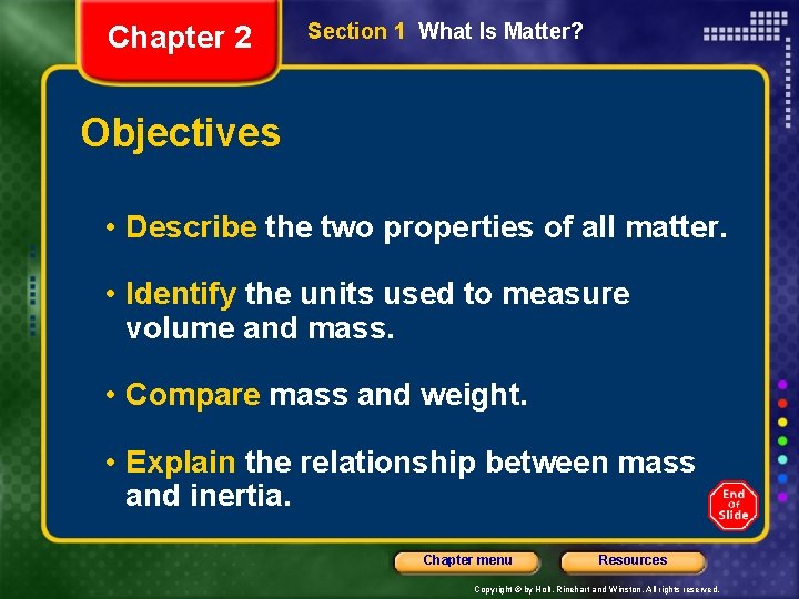 Chapter 2 The Properties of Matter Table of
