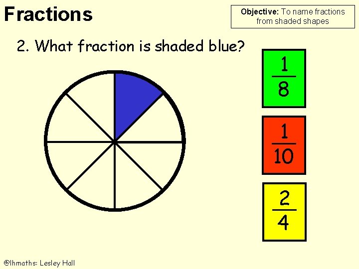Fractions Objective To name fractions from shaded shapes