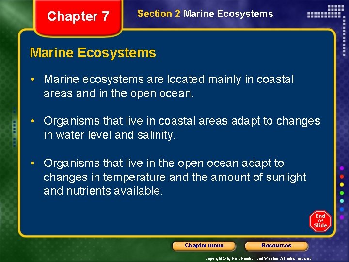 Chapter 7 Aquatic Ecosystems Table of Contents Section