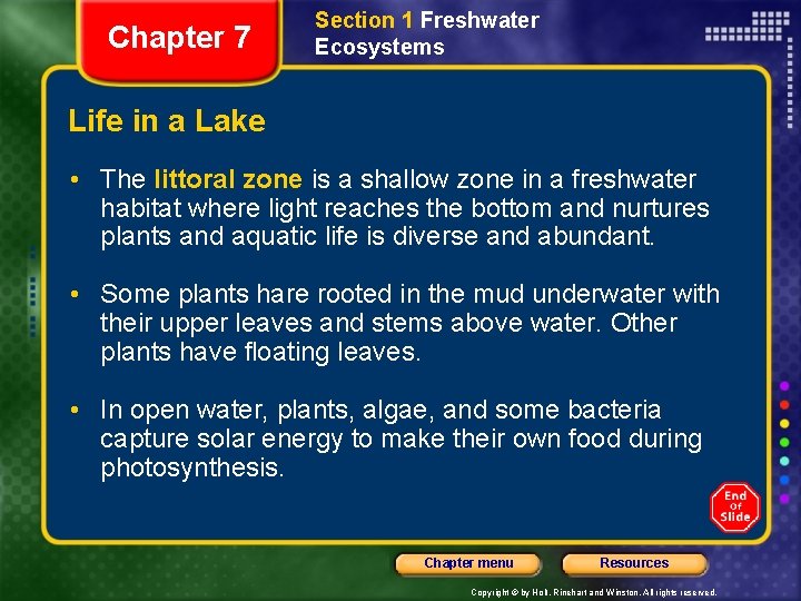 Chapter 7 Aquatic Ecosystems Table of Contents Section