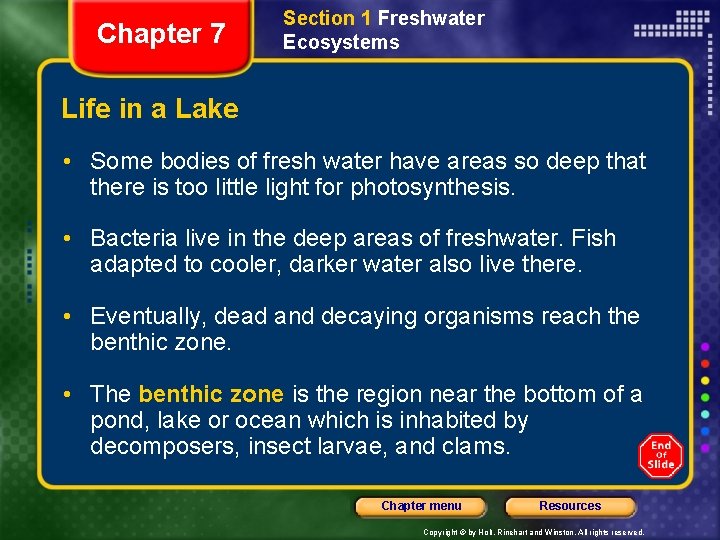 Chapter 7 Aquatic Ecosystems Table of Contents Section