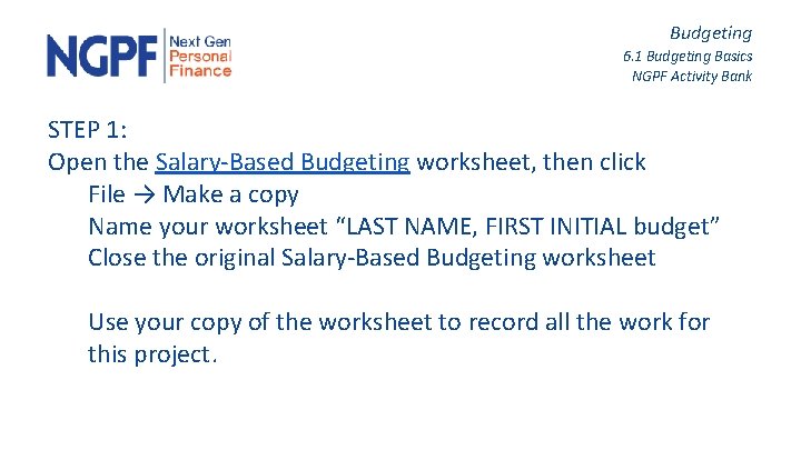 Budgeting 6 1 Budgeting Basics NGPF Activity Bank