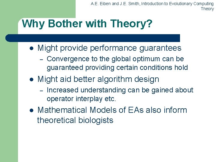 Theory Chapter 11 A E Eiben and J