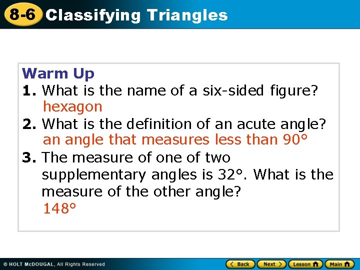 8 6 Classifying Triangles Warm Up Problem of