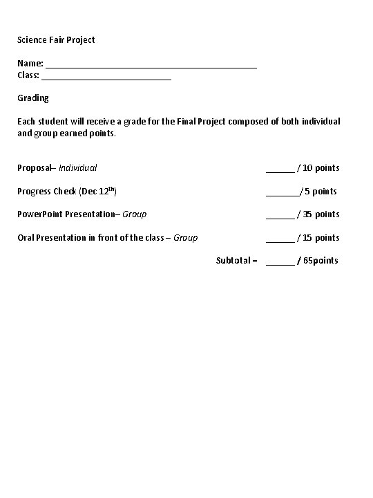 Grading Sheets and Rubrics Science Fair Project Name
