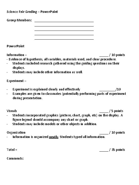 Grading Sheets and Rubrics Science Fair Project Name
