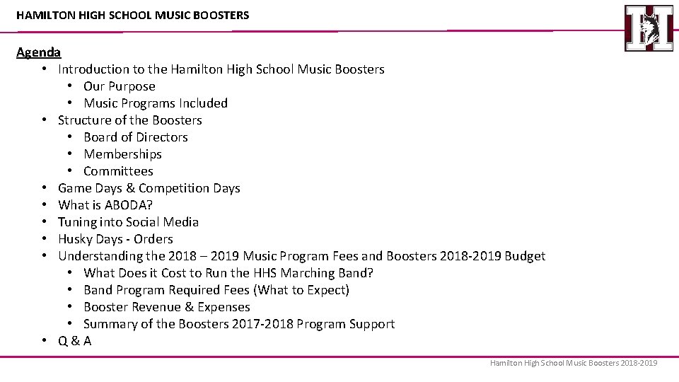 HAMILTON HIGH SCHOOL MUSIC BOOSTERS WELCOME 2018 2019