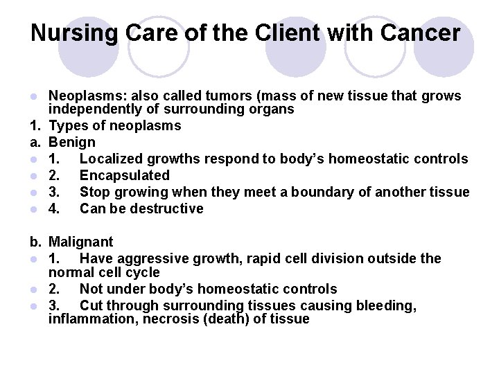 Nursing Care of the Client with Cancer Background