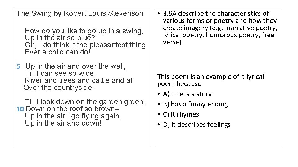 The Swing by Robert Louis Stevenson Readiness Standard