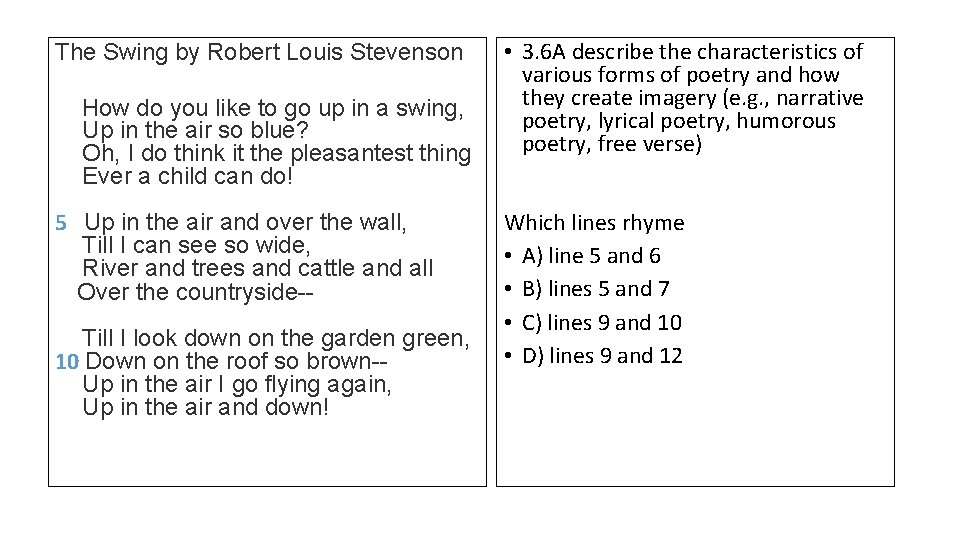 The Swing by Robert Louis Stevenson Readiness Standard
