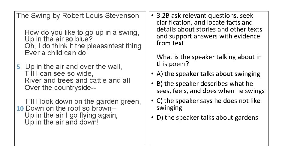 The Swing by Robert Louis Stevenson Readiness Standard
