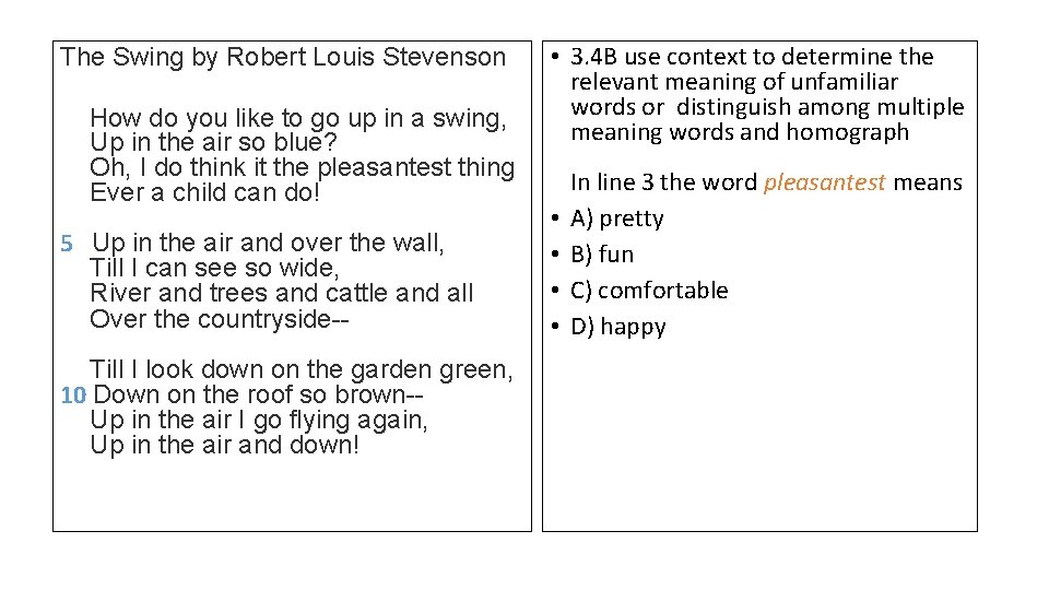 The Swing by Robert Louis Stevenson Readiness Standard
