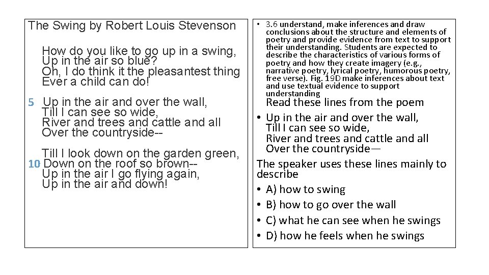 The Swing by Robert Louis Stevenson Readiness Standard