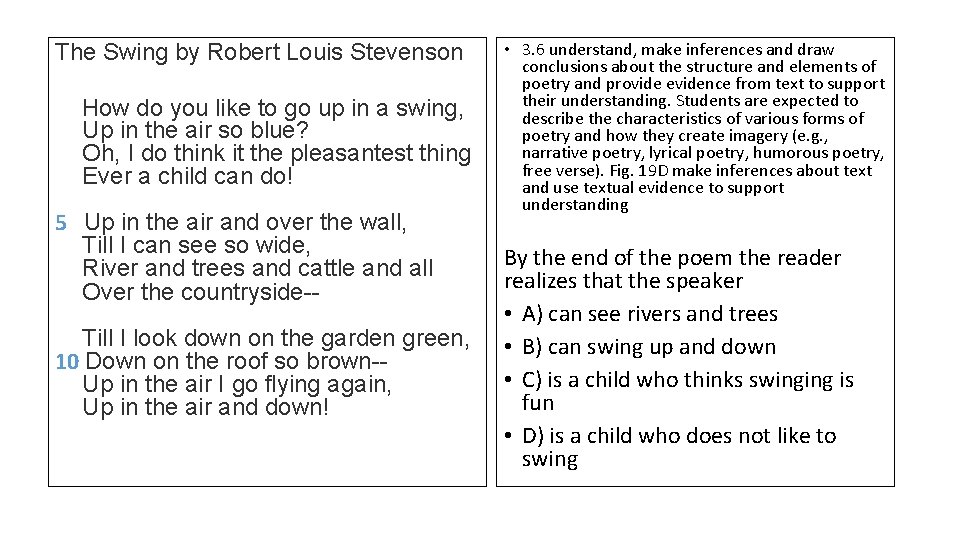 The Swing by Robert Louis Stevenson Readiness Standard