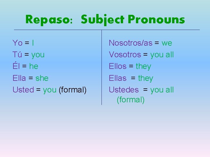 Repaso Subject Pronouns Yo I T you l