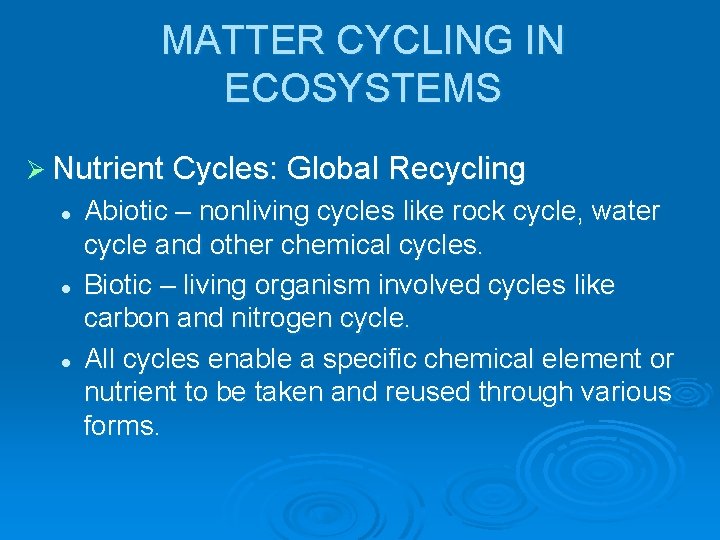 Biogeochemical Cycles Objectives Identify and describe the flow