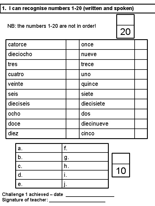 1 I can recognise numbers 1 20 written