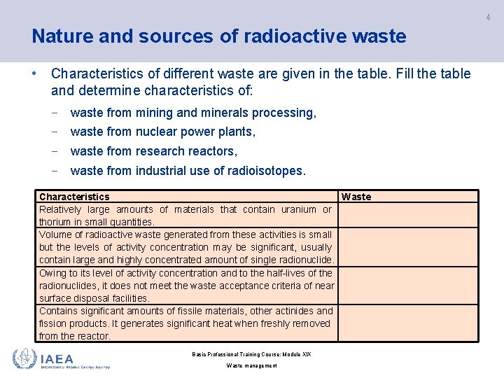 BASIC PROFESSIONAL TRAINING COURSE Module XIX Waste management