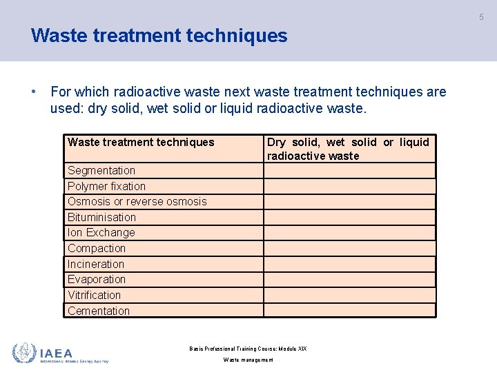 BASIC PROFESSIONAL TRAINING COURSE Module XIX Waste management