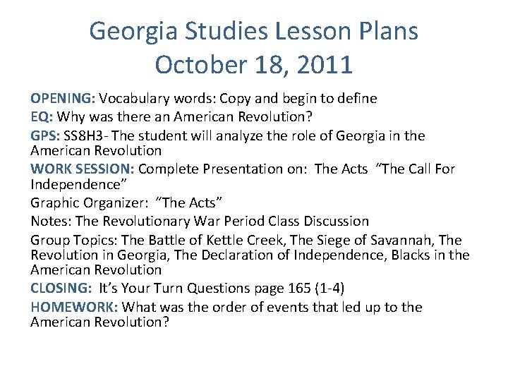 Georgia Studies and Physical Science Lesson Plans October