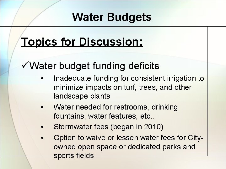 Water Budgets and Irrigation Requirements for City Parks