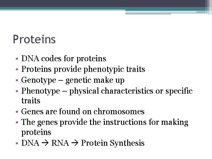 Molecular Biology PROTEIN SYNTHESIS Proteins DNA codes for
