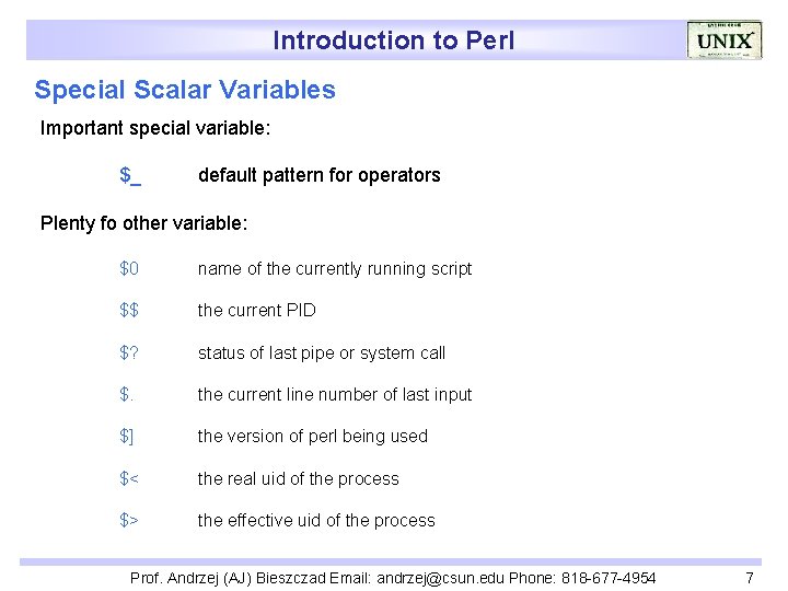 Introduction to Perl Lecturer Prof Andrzej AJ Bieszczad