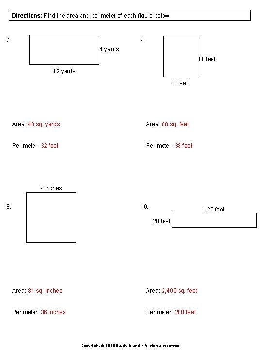 Name Area and Perimeter Directions Solve each problem