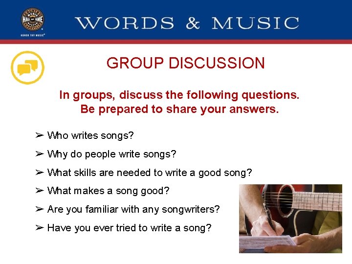 LESSON 1 WHAT IS SONGWRITING BRAINSTORM In your
