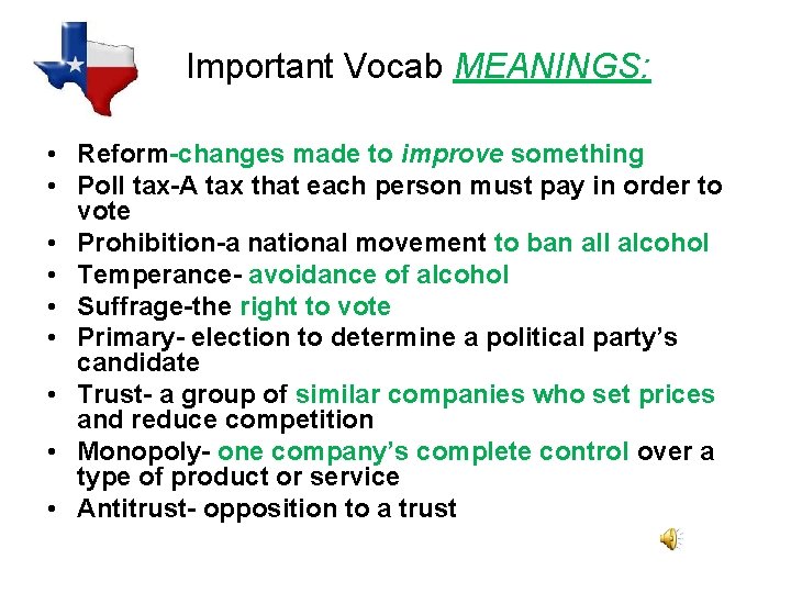 Age of Reform in Texas 1880 1920 Vocabulary