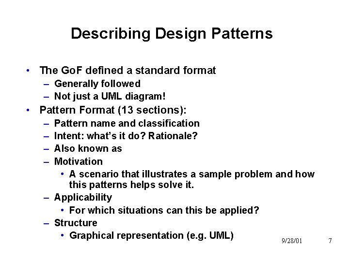 CS 494 ObjectOriented Analysis Design Patterns 2001 T