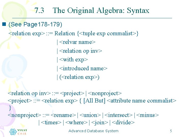 Chapter 7 Relational Algebra Prof Yinfu Huang Csie