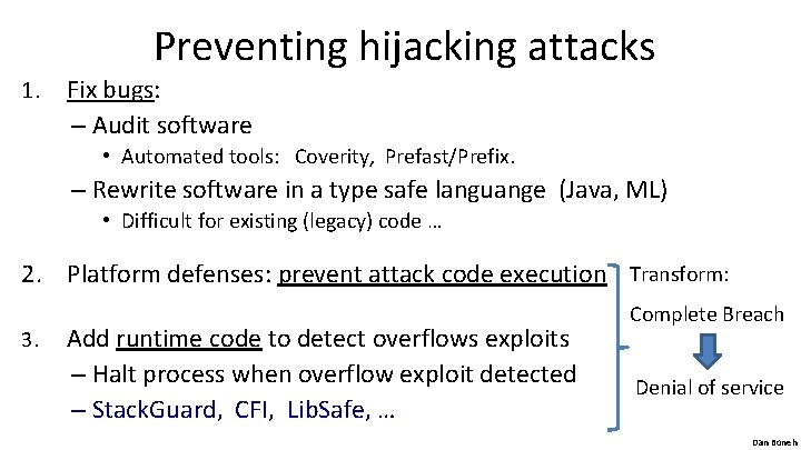 Control Hijacking Defenses Dan Boneh Recap control hijacking