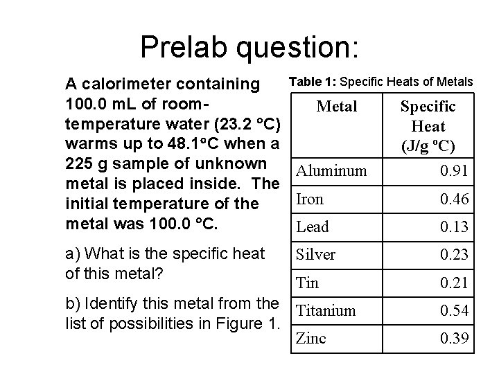 LAB Specific Heat of a Metal Prelab question