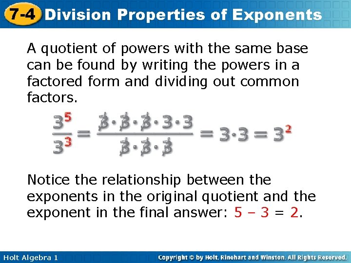 7 4 Division Properties of Exponents Lesson Objective