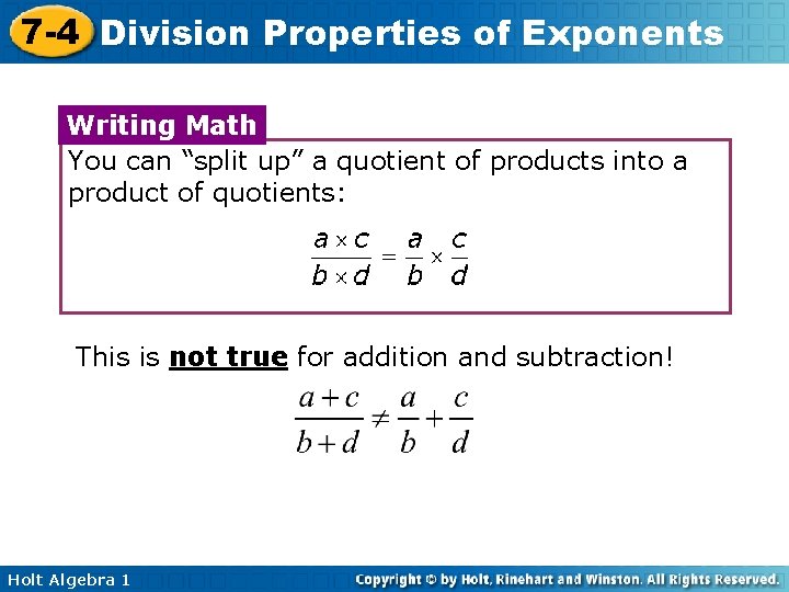 7 4 Division Properties of Exponents Lesson Objective